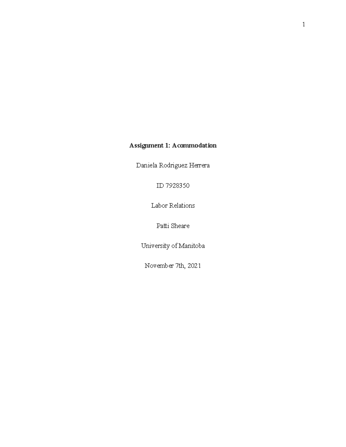 LABOR RELATIONS Assignment 1 Acommodation - HRIR 3450 - U of M - Studocu