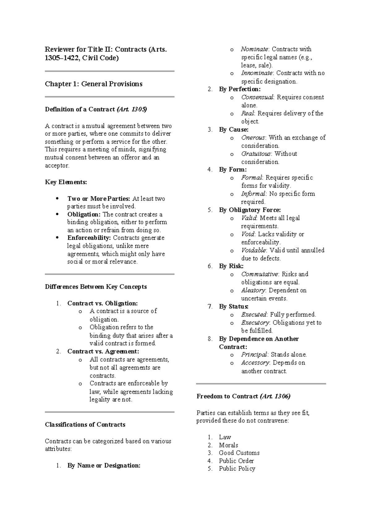 Contracts Reviewer for Title II: Civil Code Arts. 1305-1311 Overview ...