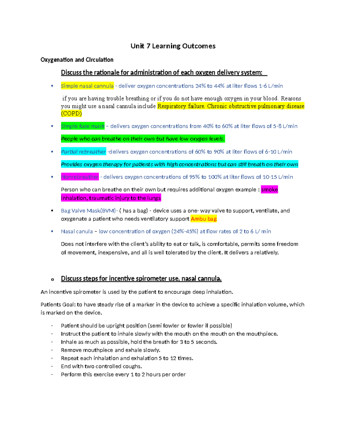 Unit 7 Learning Outcomes: Oxygenation & Circulation (EXAM 3) - Studocu