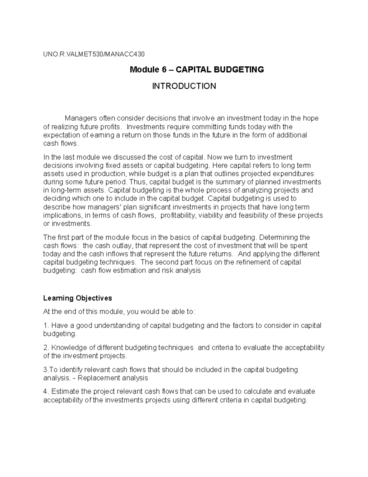 Module 6: Capital Budgeting Techniques and Analysis (CB 101) - Studocu
