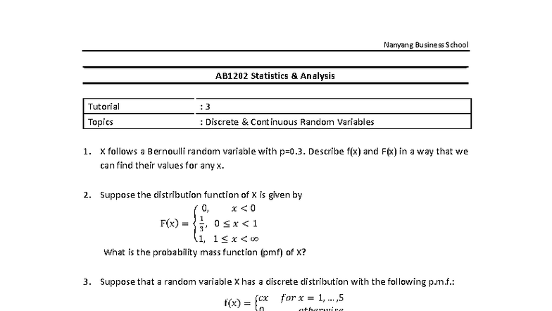 AB1202 Statistics Analysis Tutorial: Discrete & Continuous Random ...
