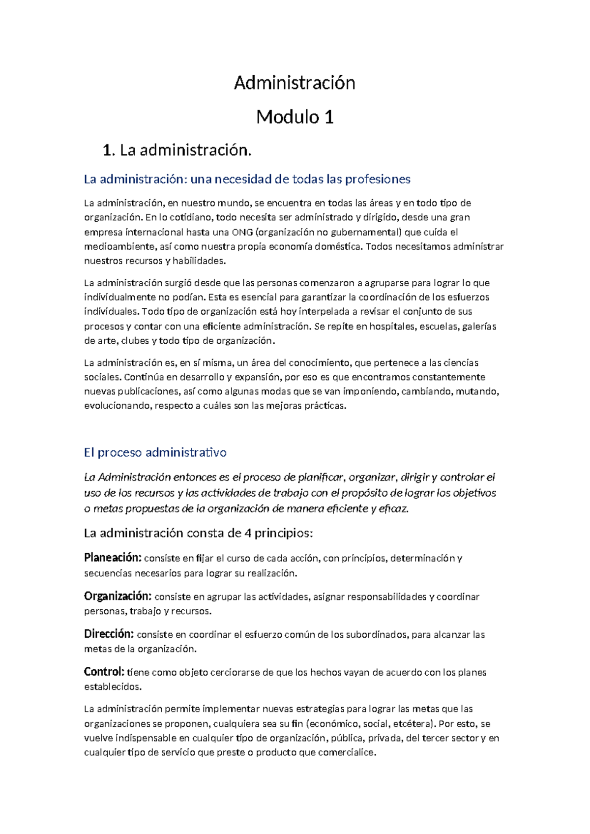 Administración M1 - Resumen Modulo 1 - Administración Modulo 1 1. La ...