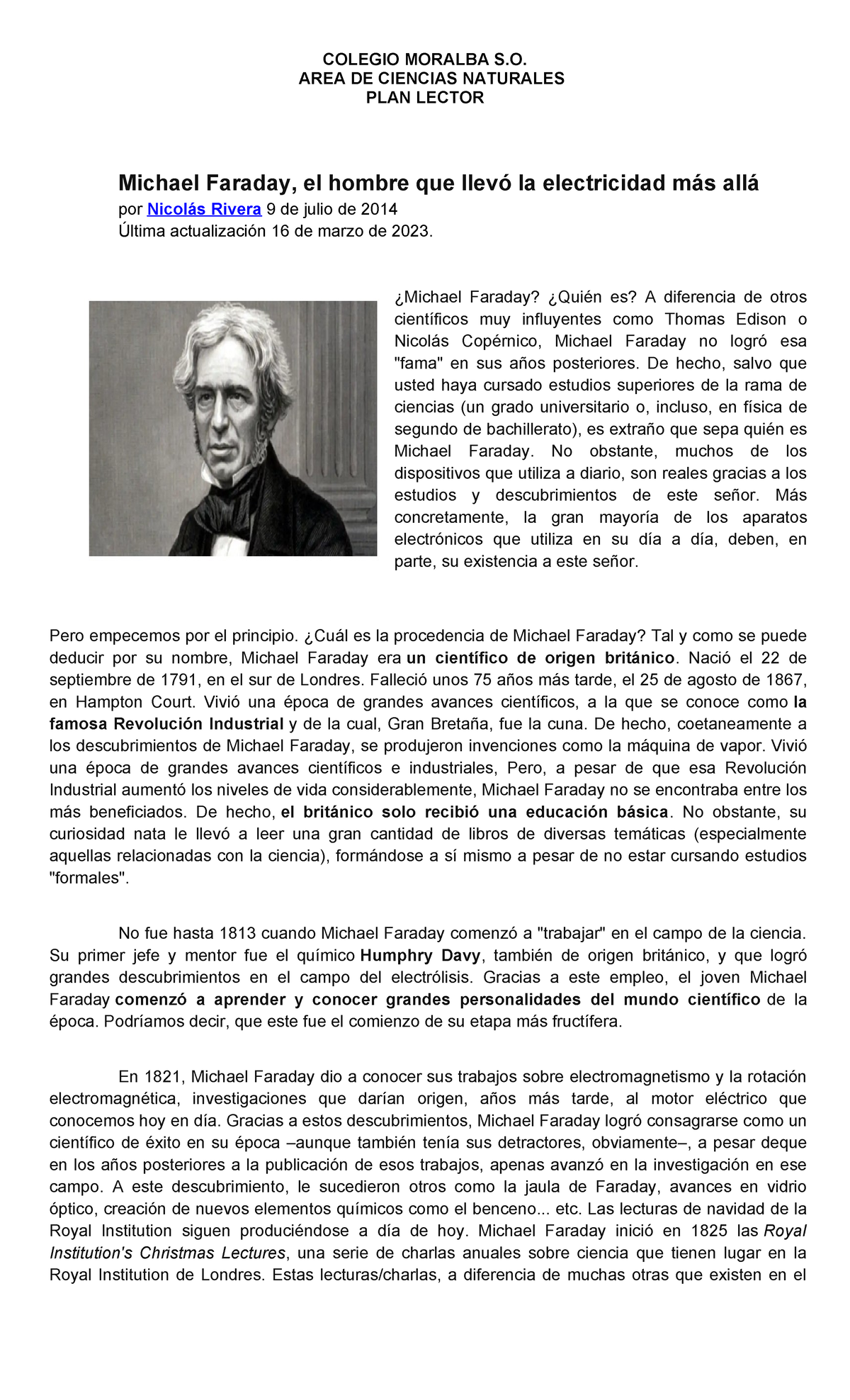 Plan Lector- Michael Faraday - AREA DE CIENCIAS NATURALES PLAN LECTOR ...