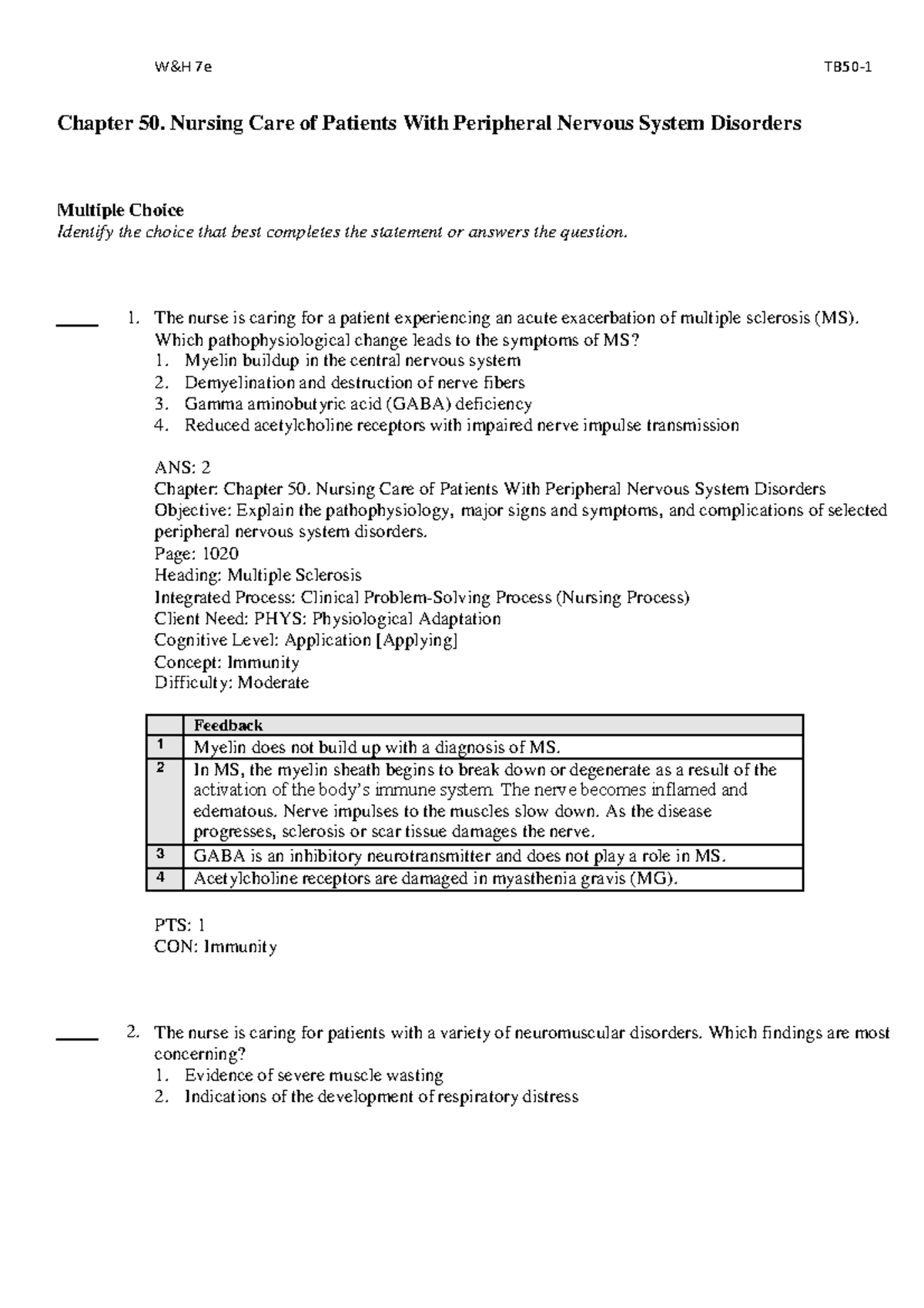 7e Chapter 50: Nursing Care for PNS Disorders - MCQs & Answers - Studocu