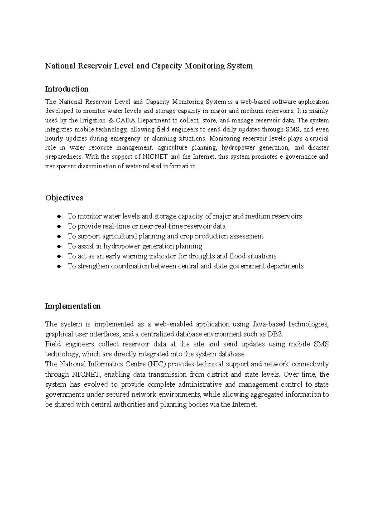 National Reservoir Level Monitoring System Overview and Benefits - Studocu