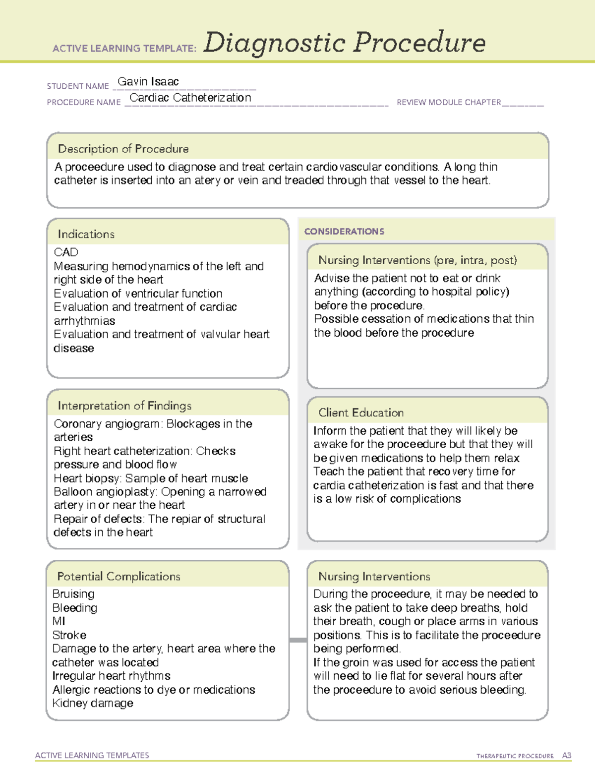 Diagnostic Cardiac Catheterization - Active Learning Template Guide ...