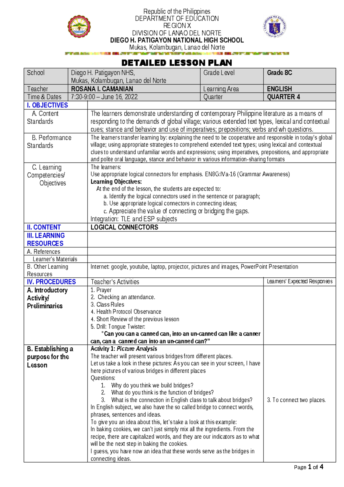 Detailed Lesson Plan on Logical Connectors for Grade 8C (EN8G:IVa-16 ...