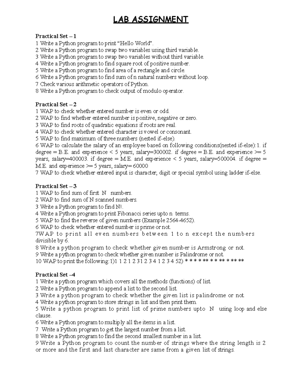 Python 1 Lab Assignment: Practical Sets & Programming Tasks - Studocu