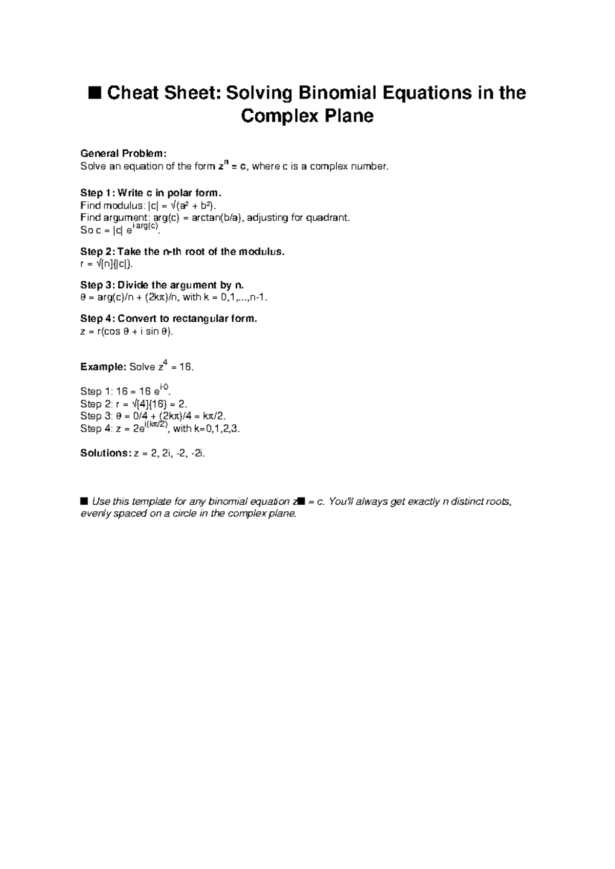 Cheat Sheet: Solving Binomial Equations in the Complex Plane - Studocu