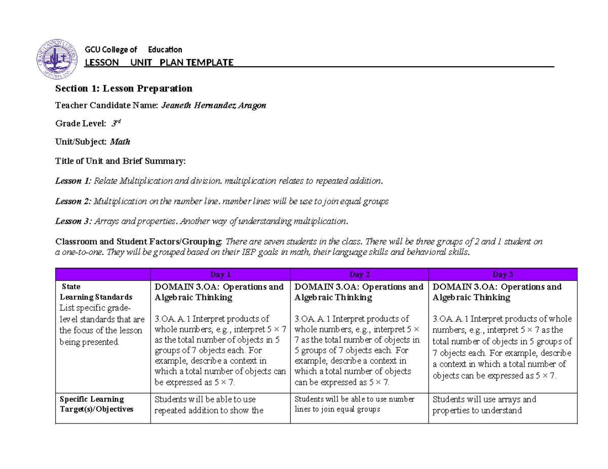 ESD-540 Math Intervention Plan: 3-Day Unit on Multiplication - Studocu