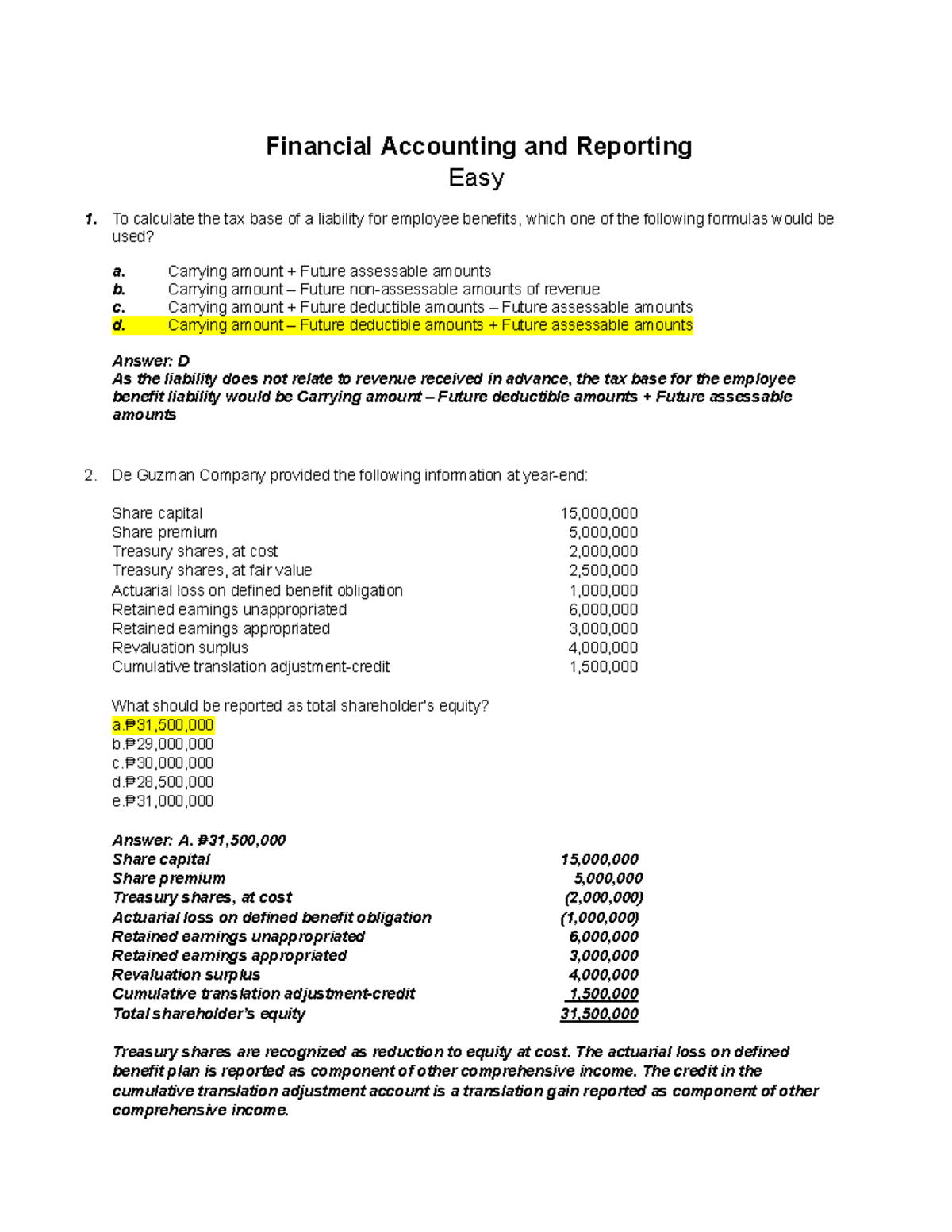 Financial Accounting and Reporting (FAR) Practice Set Overview and Key ...