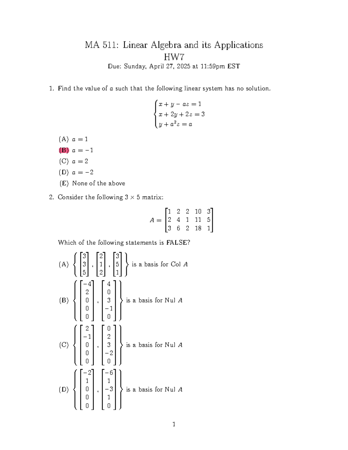 MA 511: Linear Algebra and its Applications HW7 Multiple Choice ...