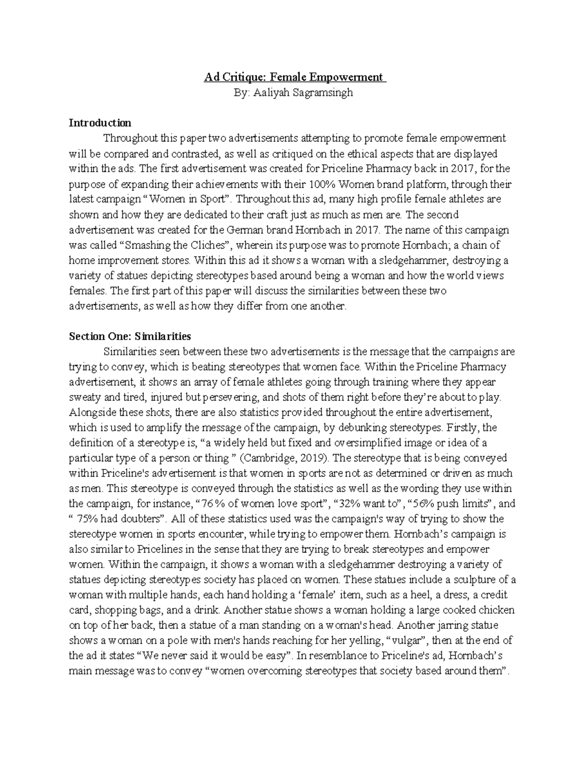 Ad Critique of Female Empowerment Ads - Example Analysis - Studocu