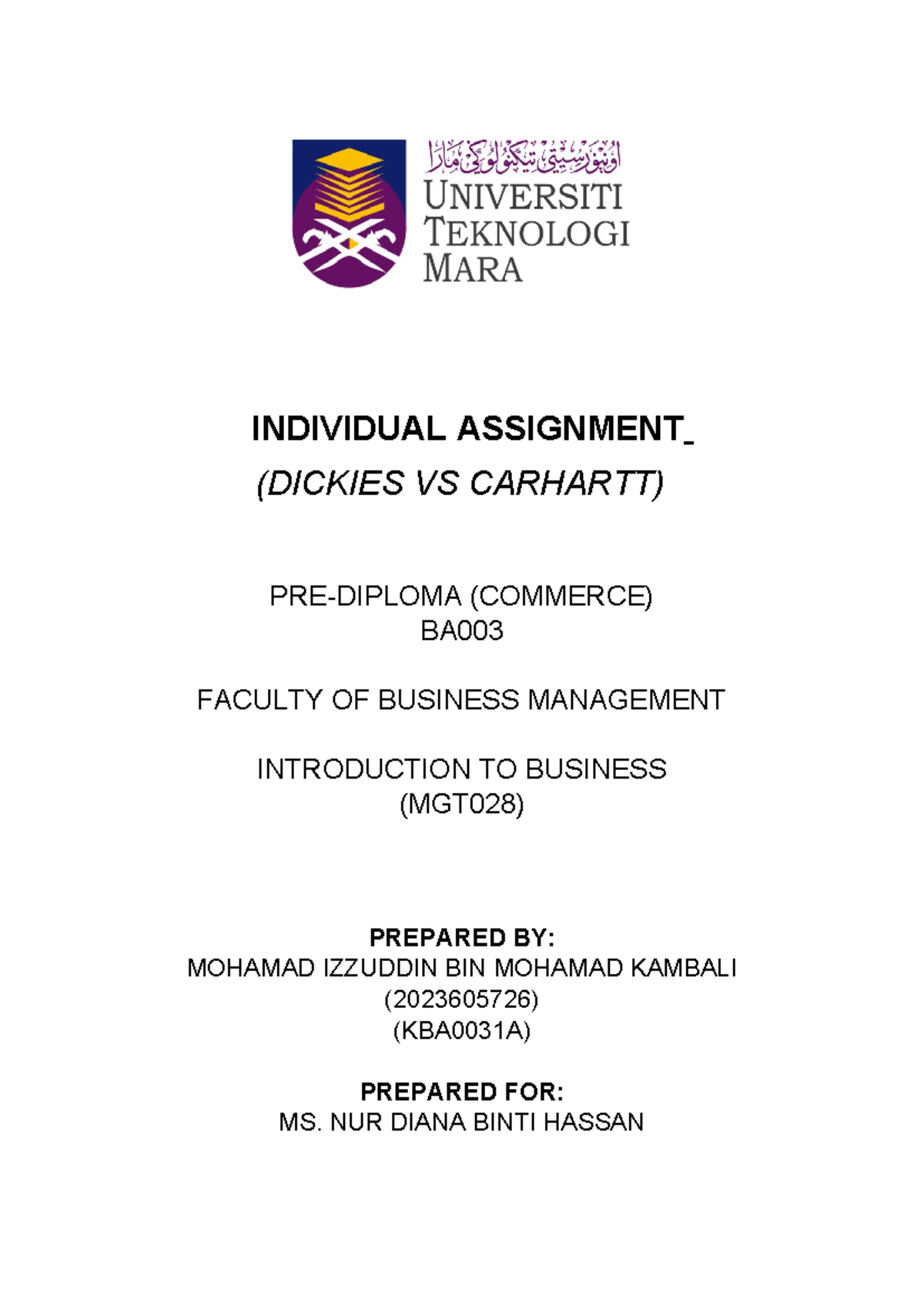 MGT028 Individual Assignment: Dickies vs Carhartt Analysis - Studocu