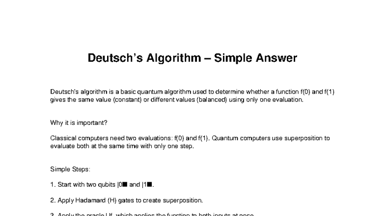 Deutsch Algorithm Simple Answer: A Quantum Approach to Function ...