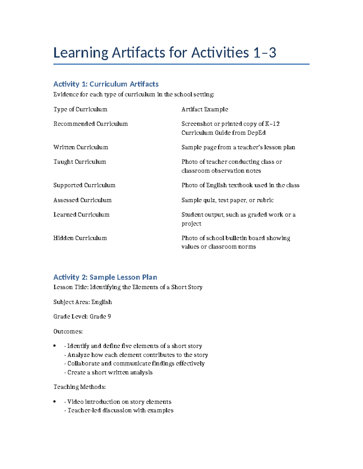Learning Artifacts for Activities 1-3: Curriculum & Lesson Plans - Studocu