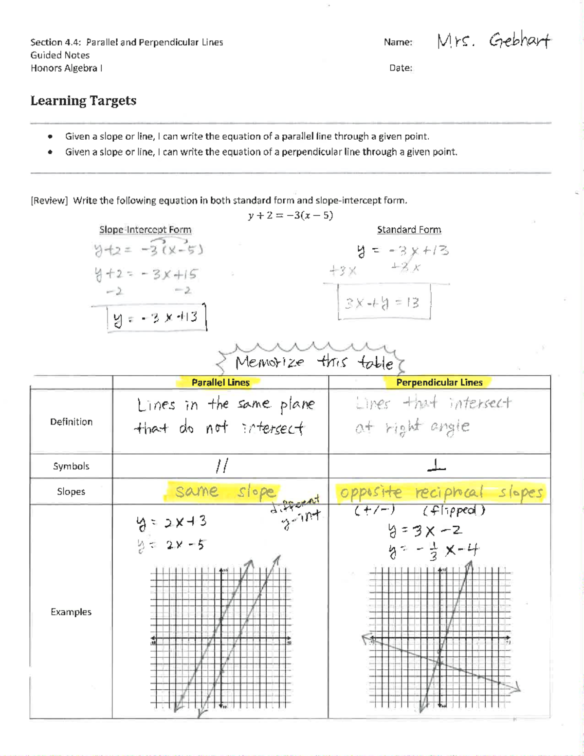 Honors Algebra I Guided Notes: Parallel & Perpendicular Lines - Studocu