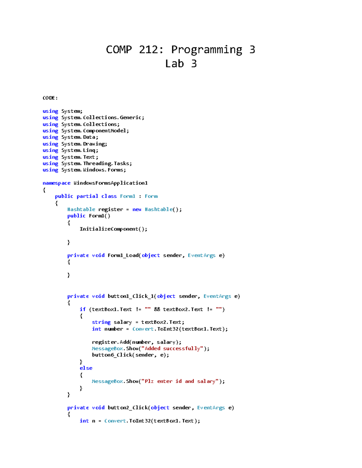 Lab3 Solution - COMP 212: Programming 3 Lab 3 CODE: using using using ...