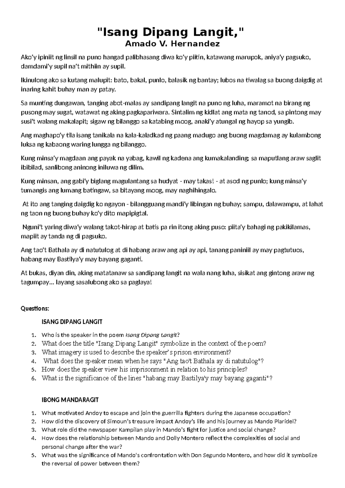 Analysis of Isang Dipang Langit & Ibong Mandaragit (Literary Study ...