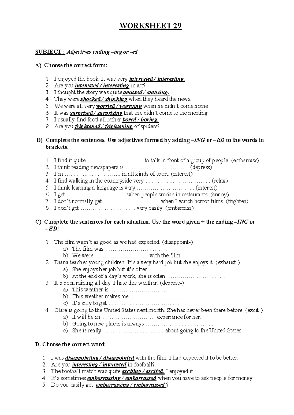 Adjectives Worksheet 29: Understanding -ed and -ing Forms - Studocu