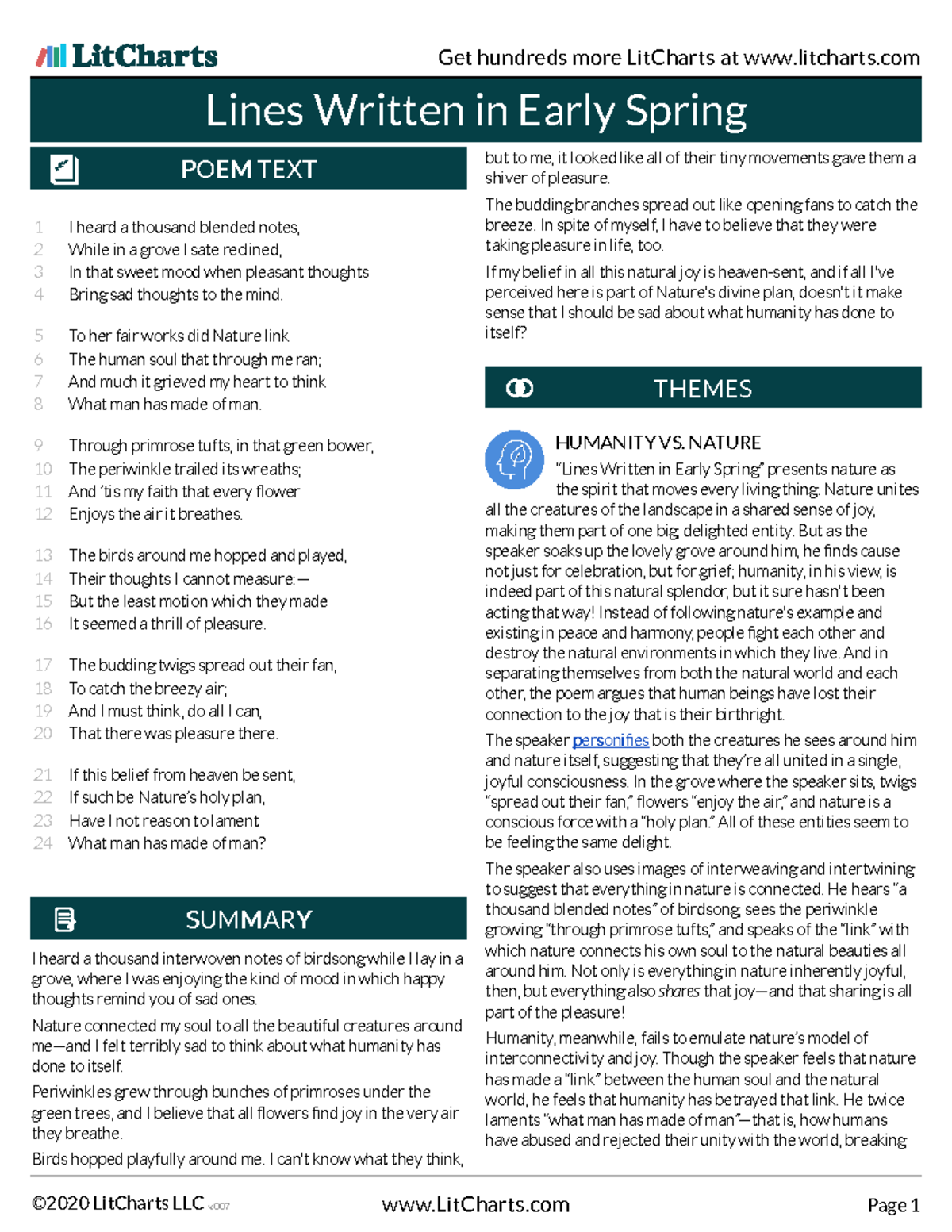 Deep Analysis of "Lines Written in Early Spring" (LIT101) - Studocu