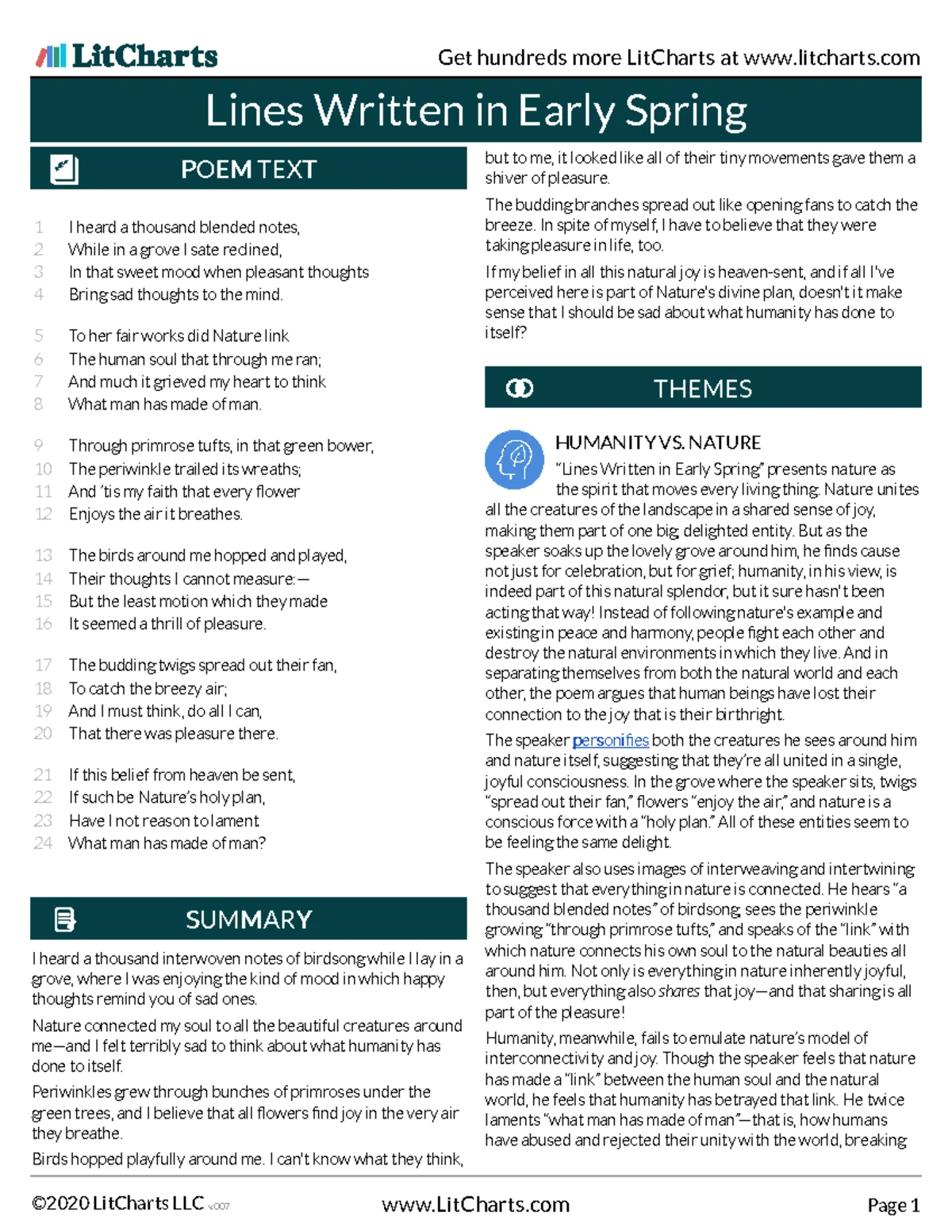 Deep Analysis of "Lines Written in Early Spring" (LIT101) - Studocu