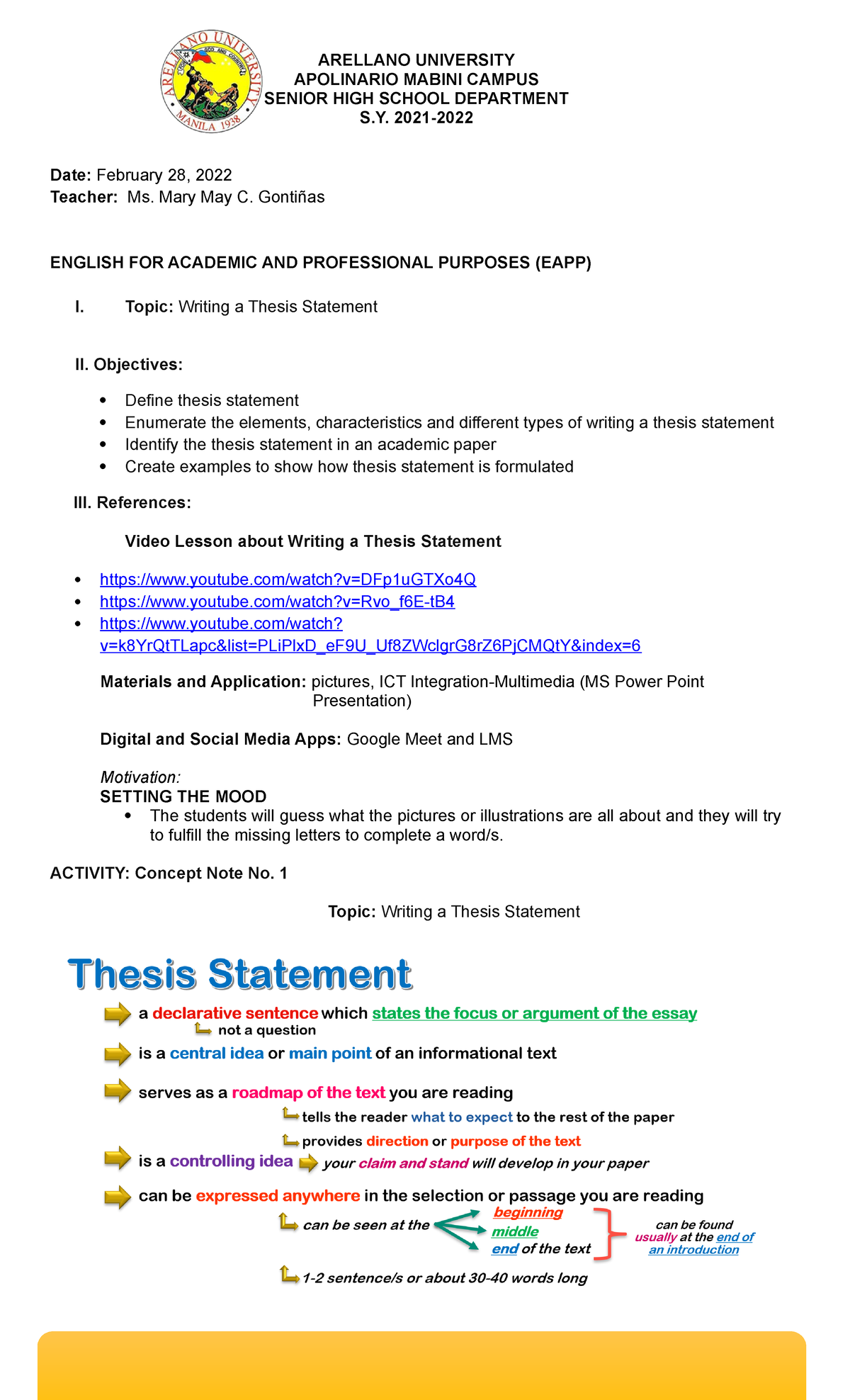 EAPP 5 - Overview and Guidelines for Writing a Thesis Statement - Studocu