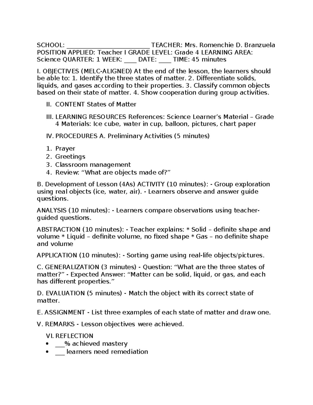 Grade 4 Science Lesson Plan: States of Matter (Teacher I) - Studocu