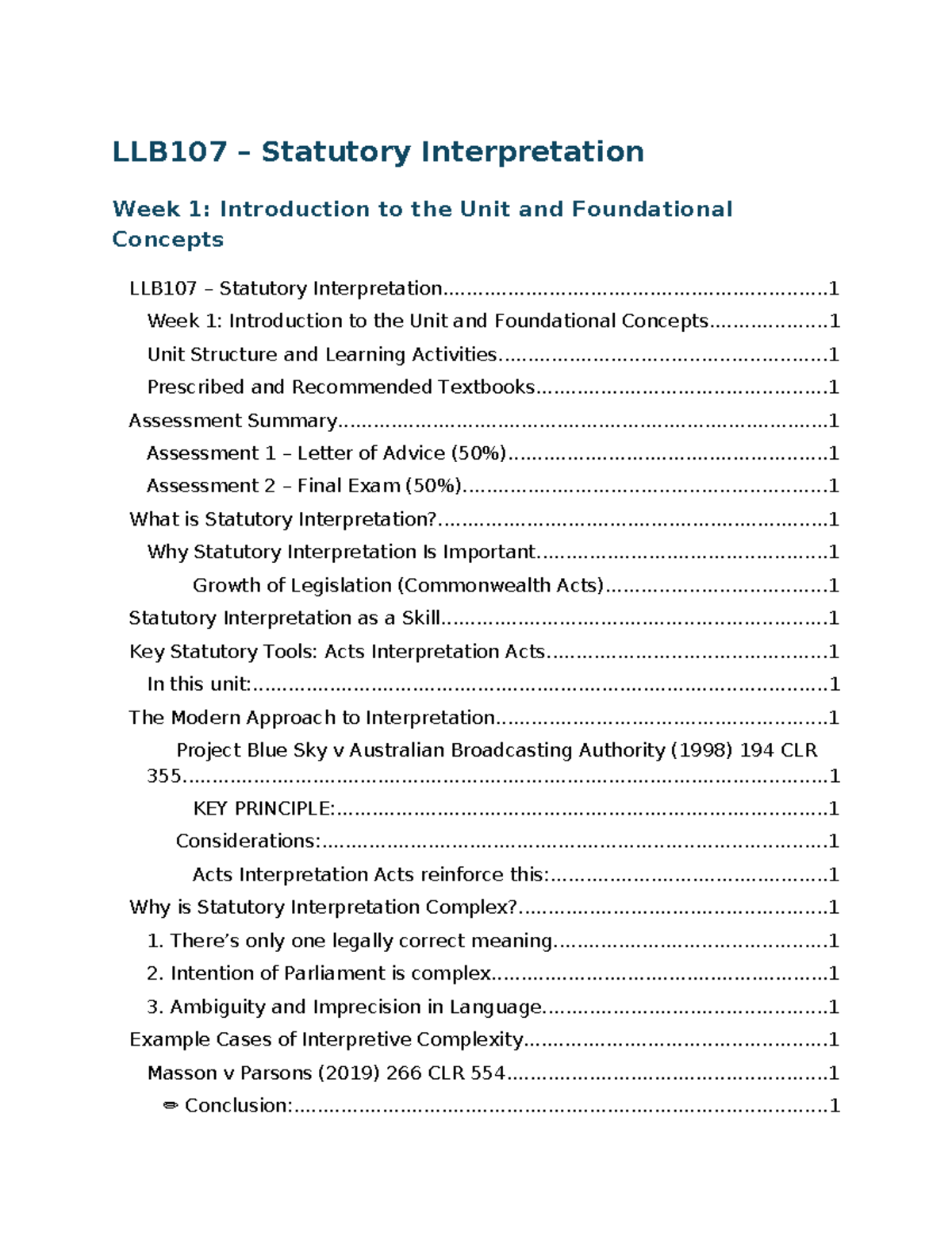 LLB107 Week 1 Lecture: Intro to Statutory Interpretation Concepts - Studocu