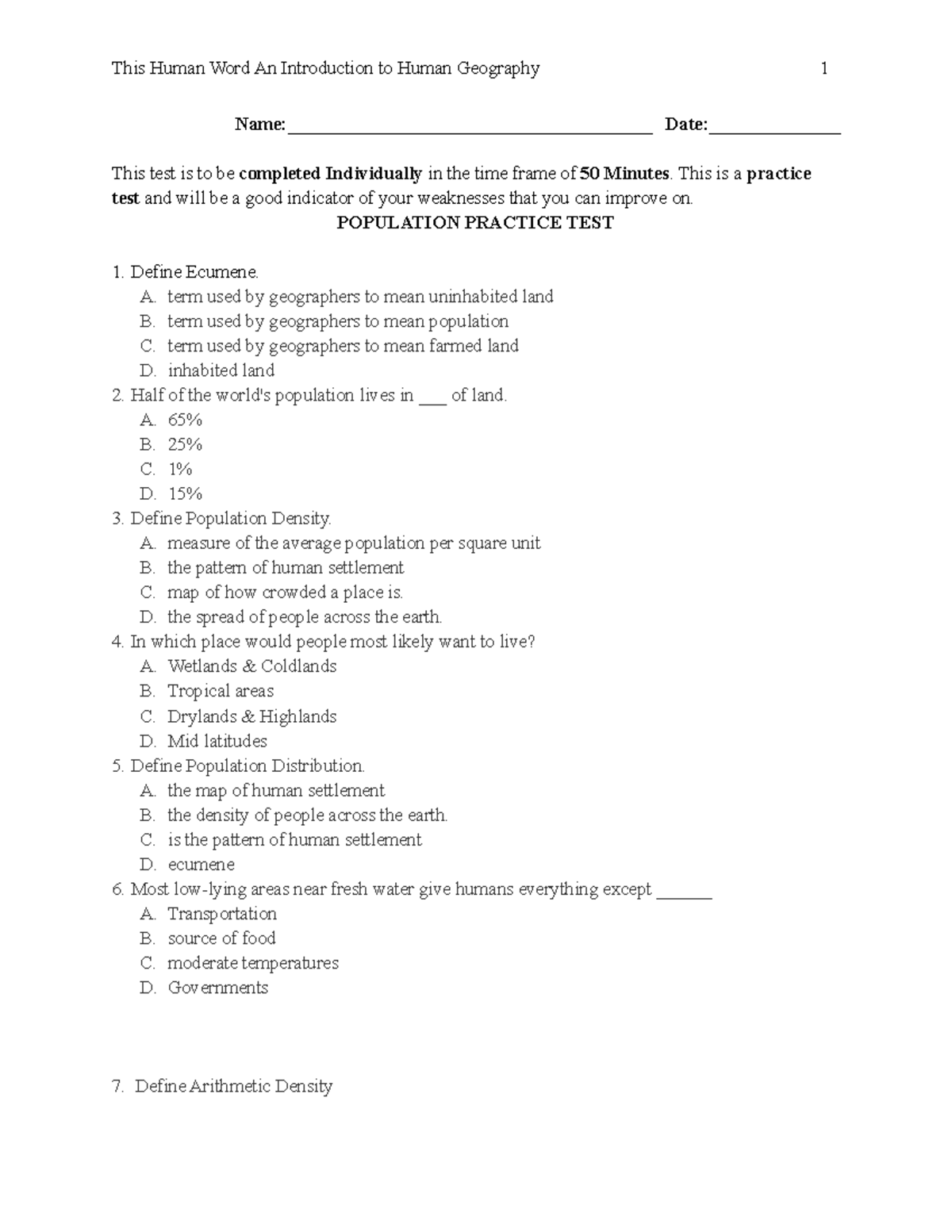 Population (Chapter 2A) Practice Test & Answer Key Review - Studocu