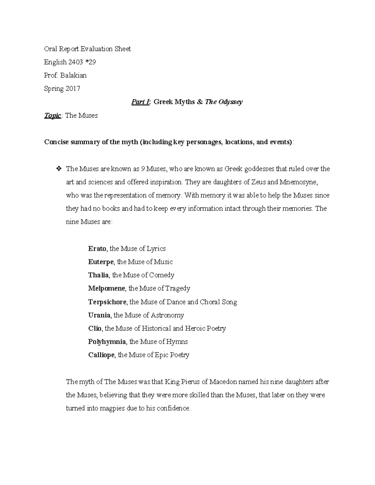 Midterm The Odyssey & Greek Myths -part 1 - Oral Report Evaluation ...