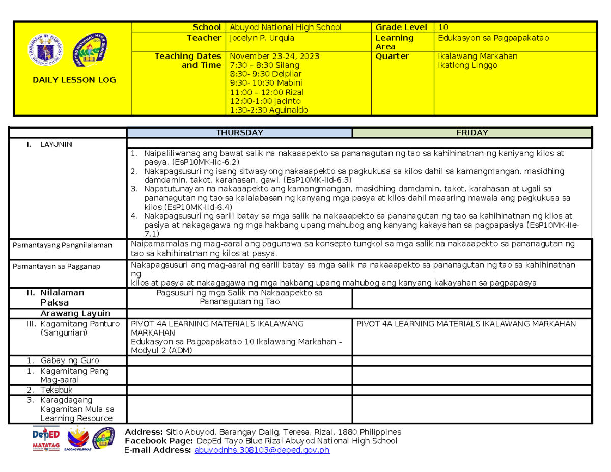 Q2 ESP 10 Week 3 Sample Lesson Plan on Accountability Factors - Studocu