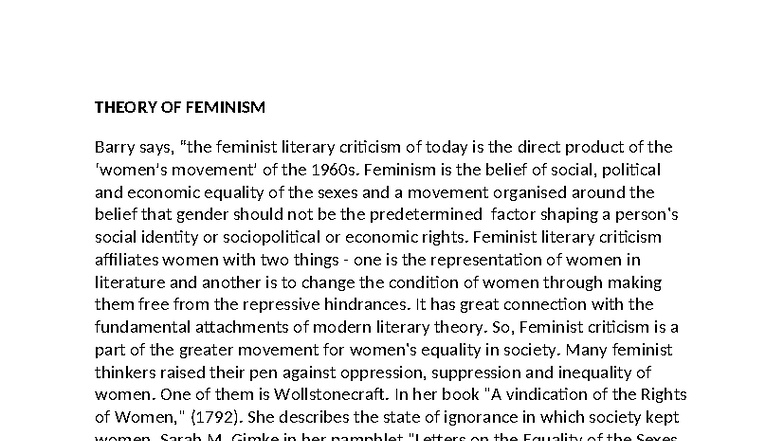 Theory of feminism copy - THEORY OF FEMINISM Barry says, “the feminist ...