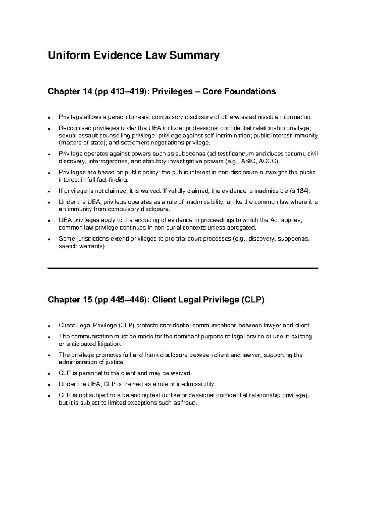 Uniform Evidence Law Summary: Privileges & Client Legal Privilege - Studocu