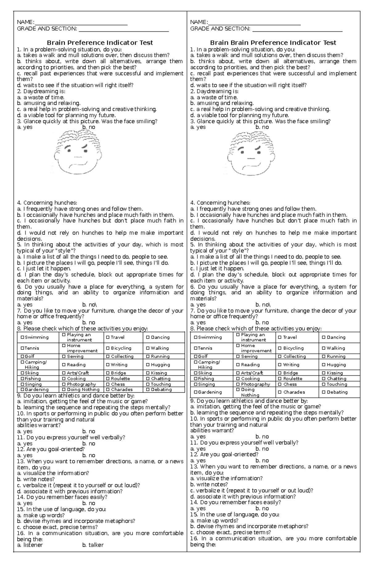 Brain Preference Indicator Test - GRADE AND SECTION - Studocu