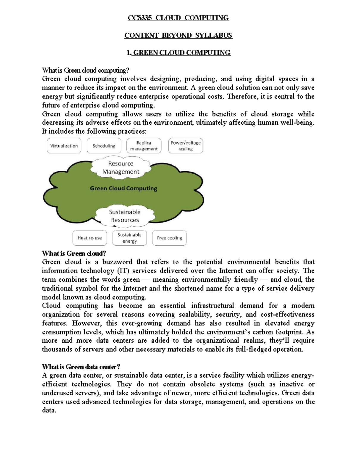 CCS335 Cloud Computing: Green Cloud Computing & Disaster Recovery ...
