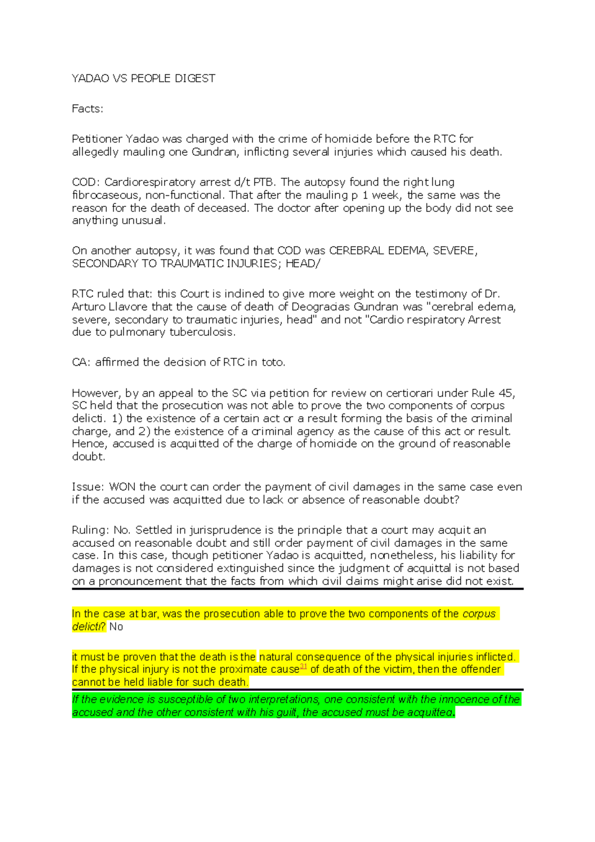 YADAO vs PEOPLE: Homicide Acquittal & Civil Damages Analysis - Studocu