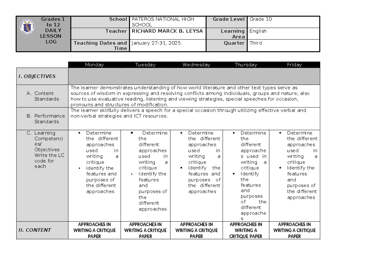 G10.W7. Delos Santos - LESSON PLAN - Grades 1 to 12 DAILY LESSON LOG ...