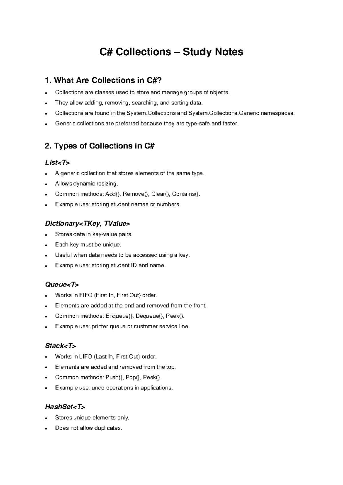 CSharp Collections Study Notes: Types and Usage - Studocu