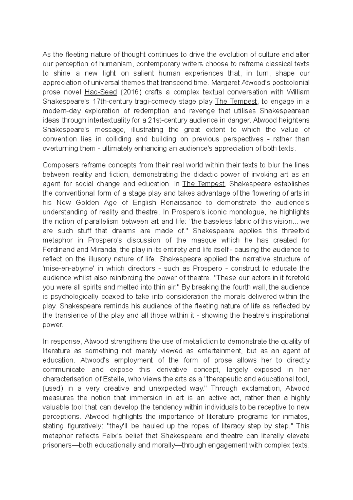 MODULE A BASE ESSAY - THE TEMPEST / HAG-SEED - As the fleeting nature ...