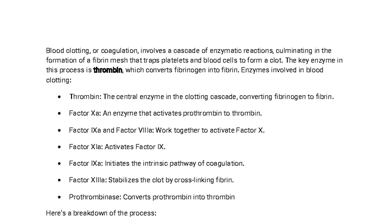 Blood Clotting Mechanisms: Enzymatic Cascade Overview - Studocu