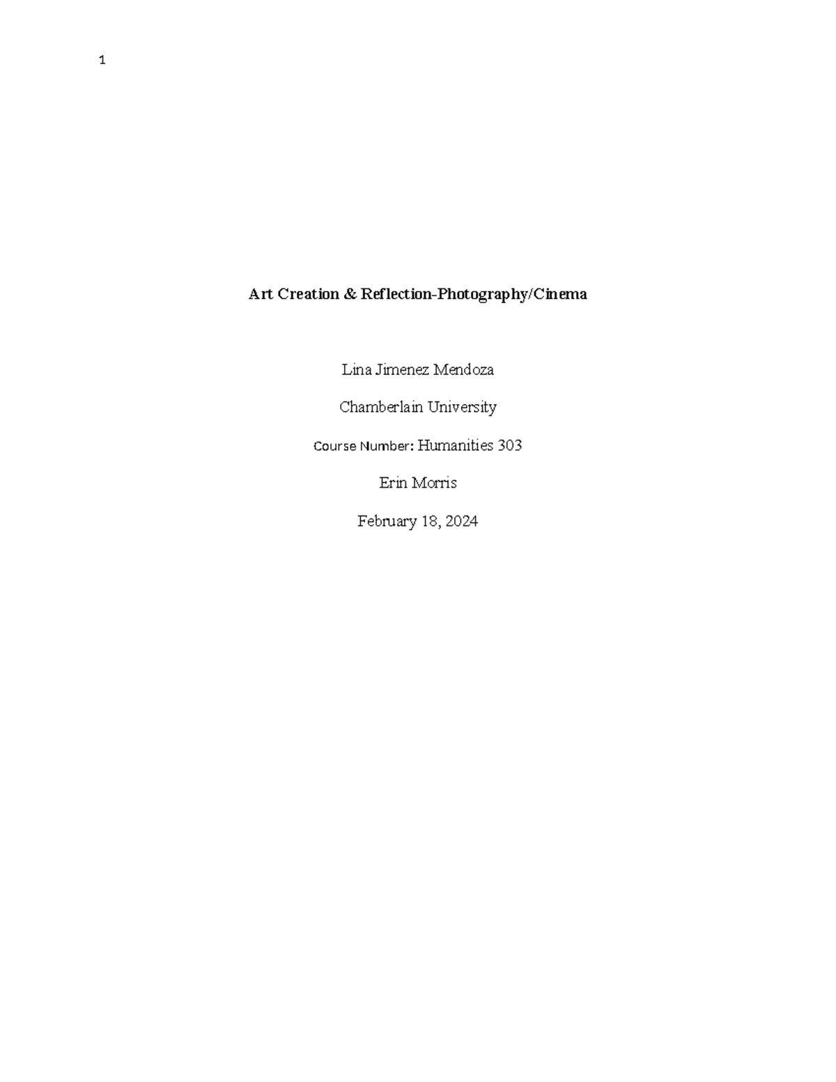Humanities 303 - Art Creation Reflection on Photography & Cinema - Studocu