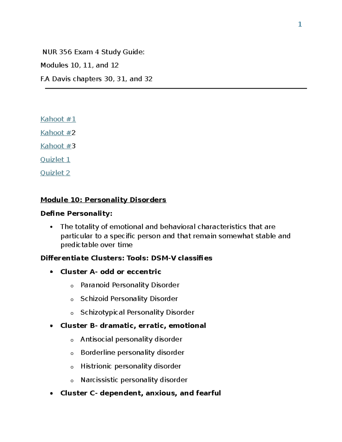 NUR 356 Exam 4 Study Guide: Mental Health Modules 10-12 - Studocu