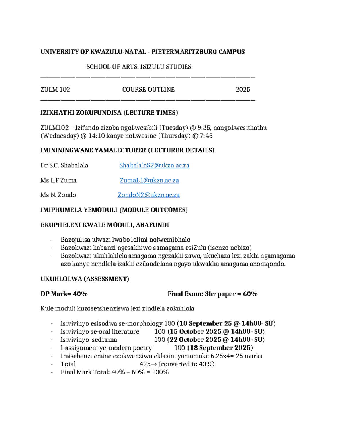 ZULM 102 - 2025 Course Outline and Assessment Details - Studocu