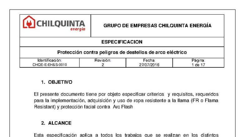 Chqe e eh s 0010: Especificaciones de Protección contra Arc Flash - Studocu