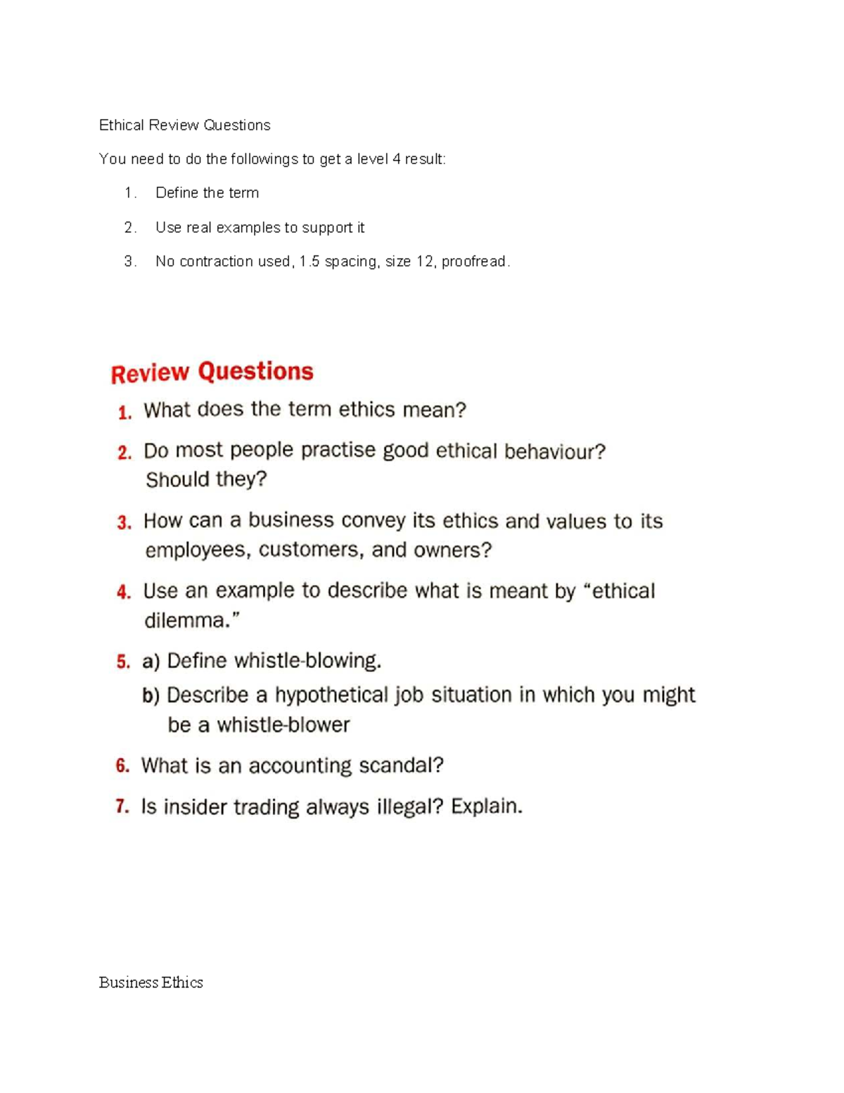 Business Ethics Review Questions: Achieving Level 4 Results - Studocu