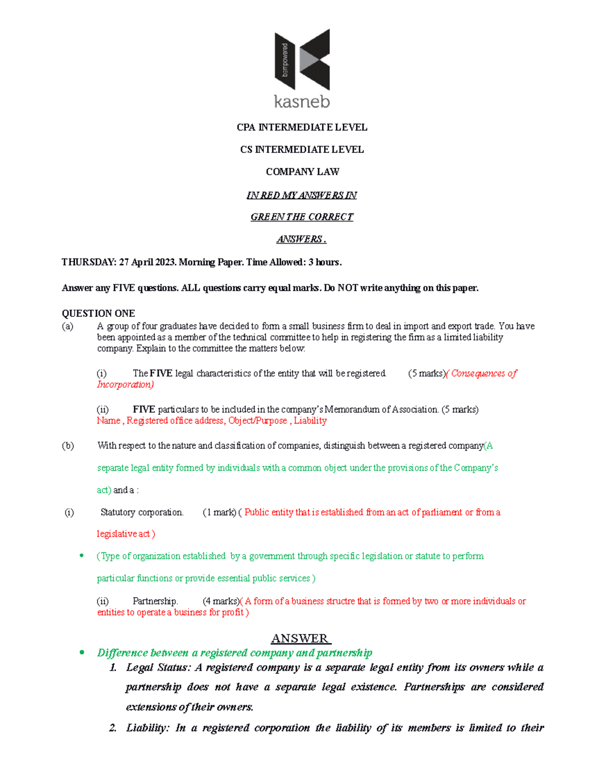 CA21 Company Law - CPA Intermediate Past Paper & Answers - Studocu