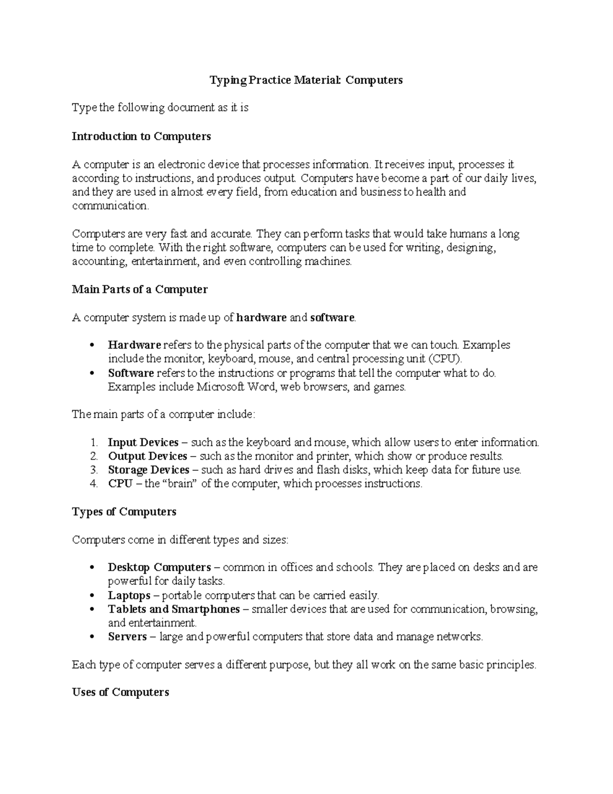 Typing Practice Material: Intro to Computers Overview - Studocu