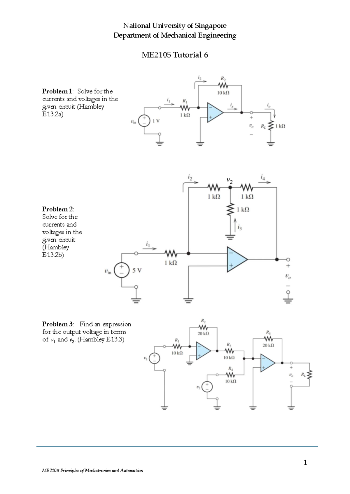 ME2105 Tutorial 6: Circuit Analysis & Output Voltage Expressions - Studocu