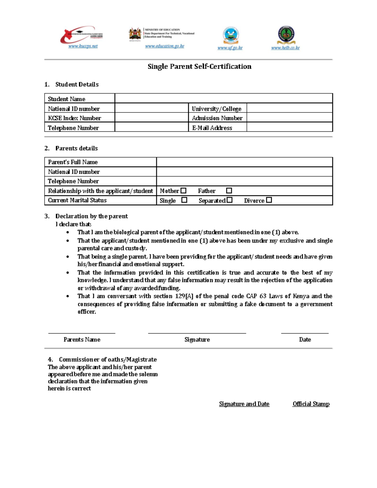 Single Parent Self-Certification Form 2024 for Students - Studocu